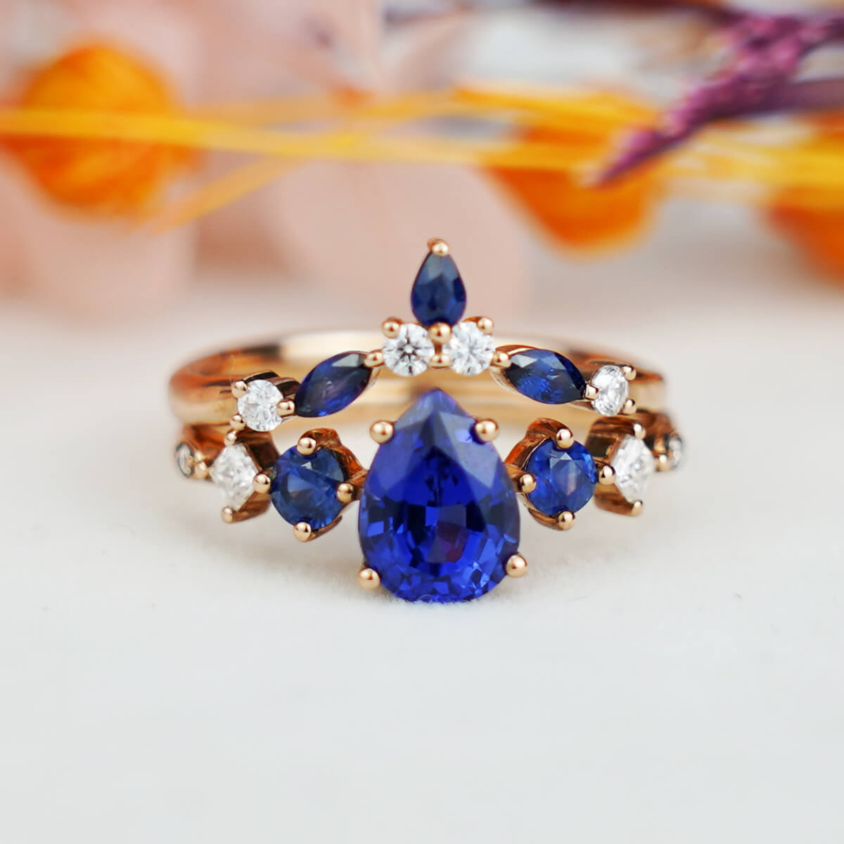 Pear-cut Sapphire Ring Three-Stone Engagement Ring | AurumLuminos